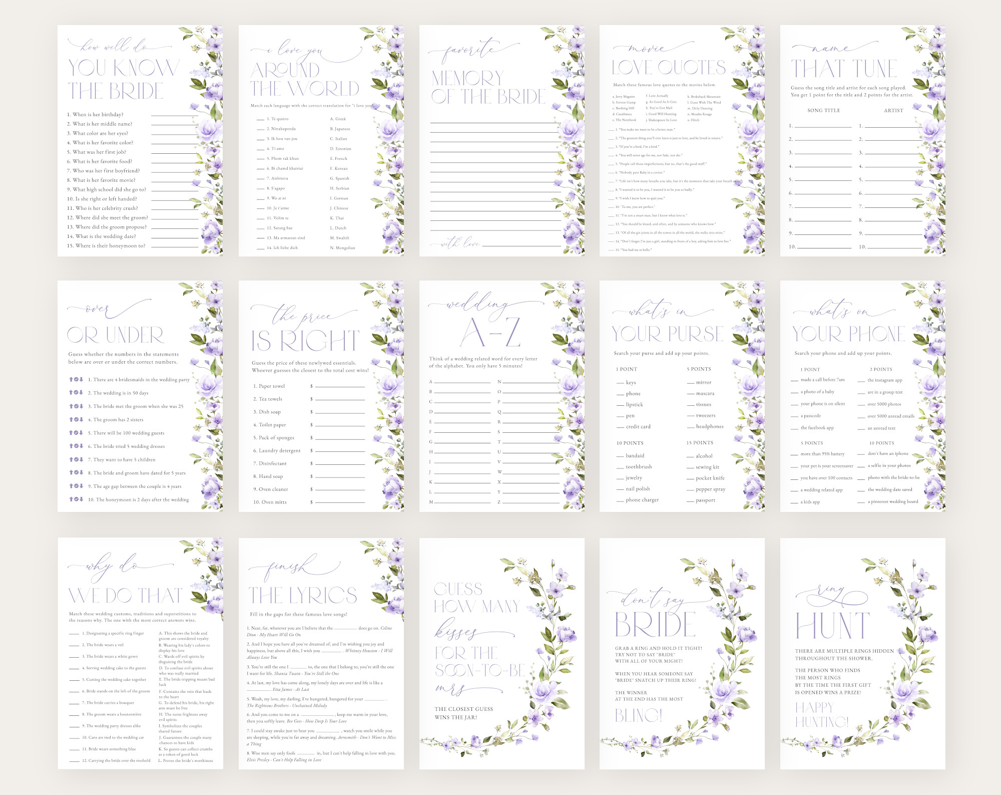 Purple Flowers Bridal Shower Games Bundle - Set of 30 Games