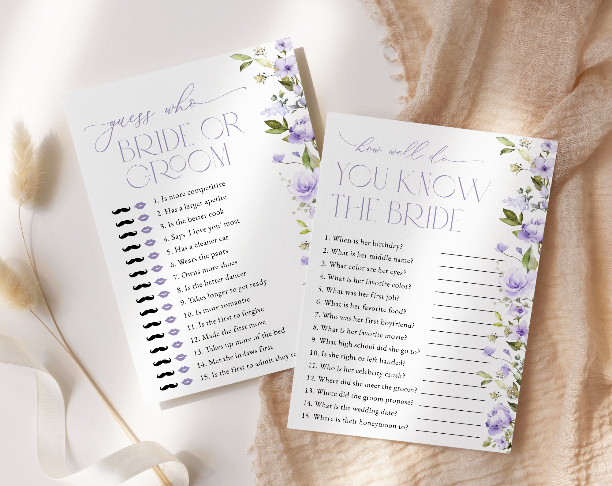 Purple Flowers Bridal Shower Games Bundle - Set of 30 Games
