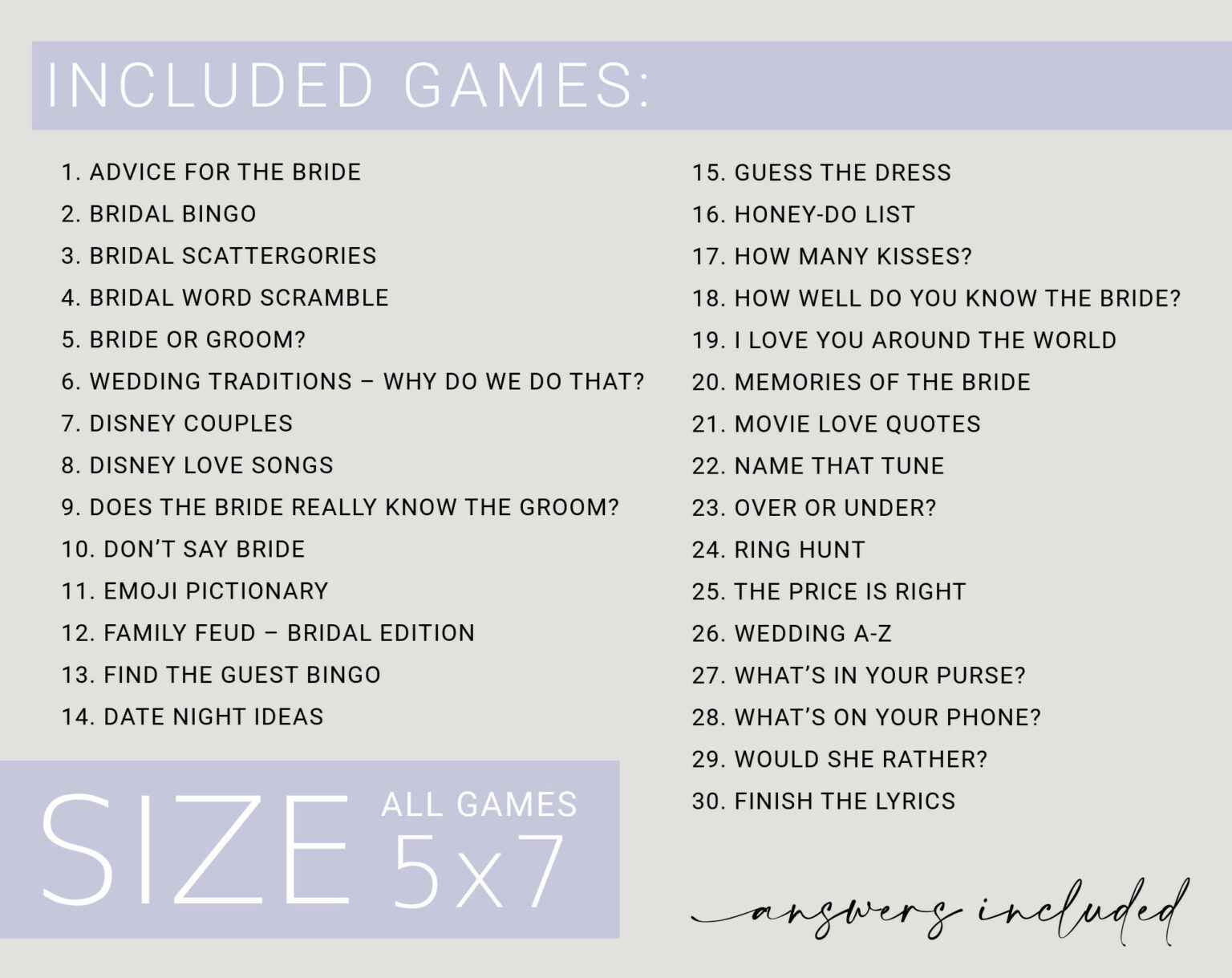 Purple Flowers Bridal Shower Games Bundle - Set of 30 Games