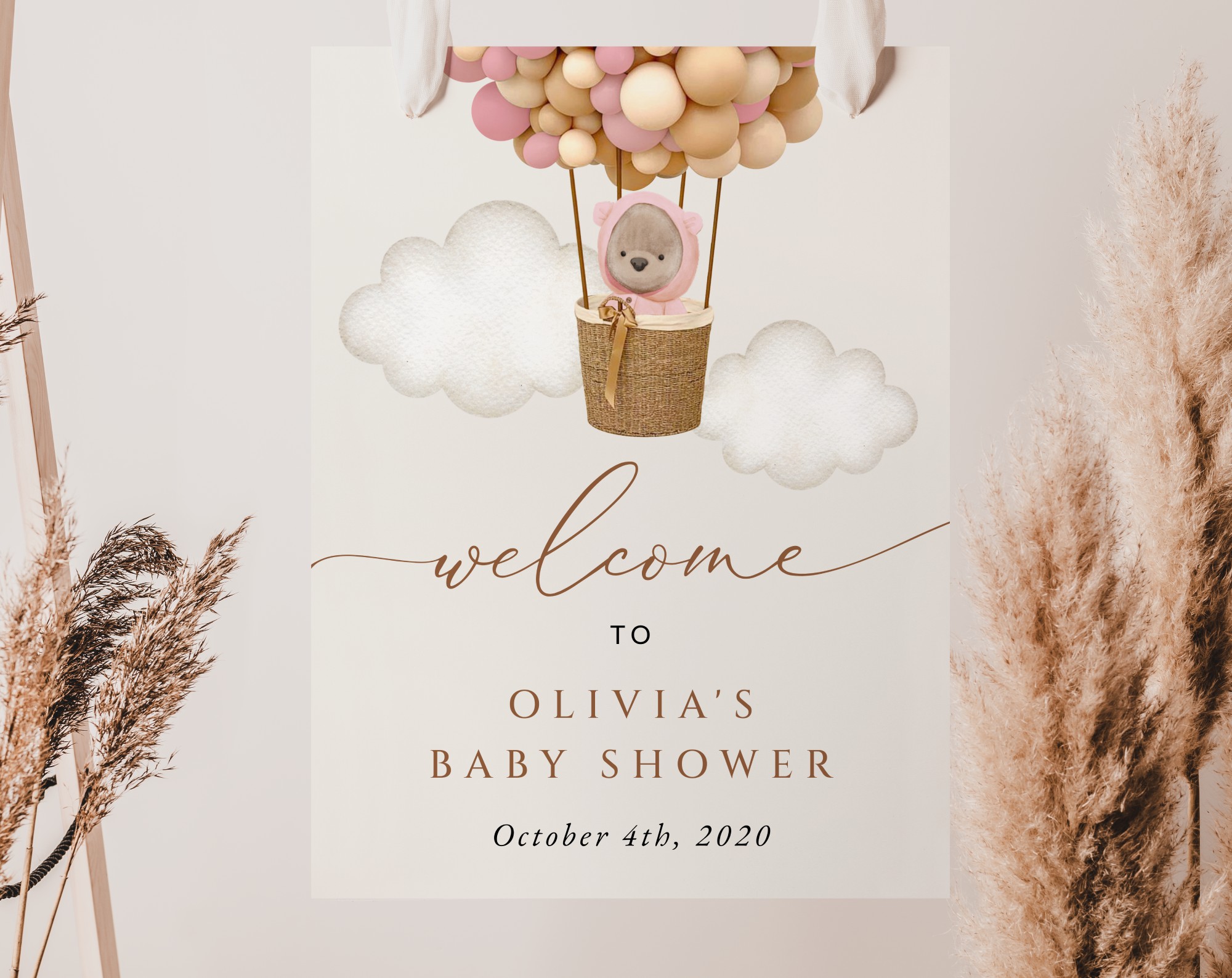 Bear and Pink Balloons Welcome Sign - Baby Shower Sign