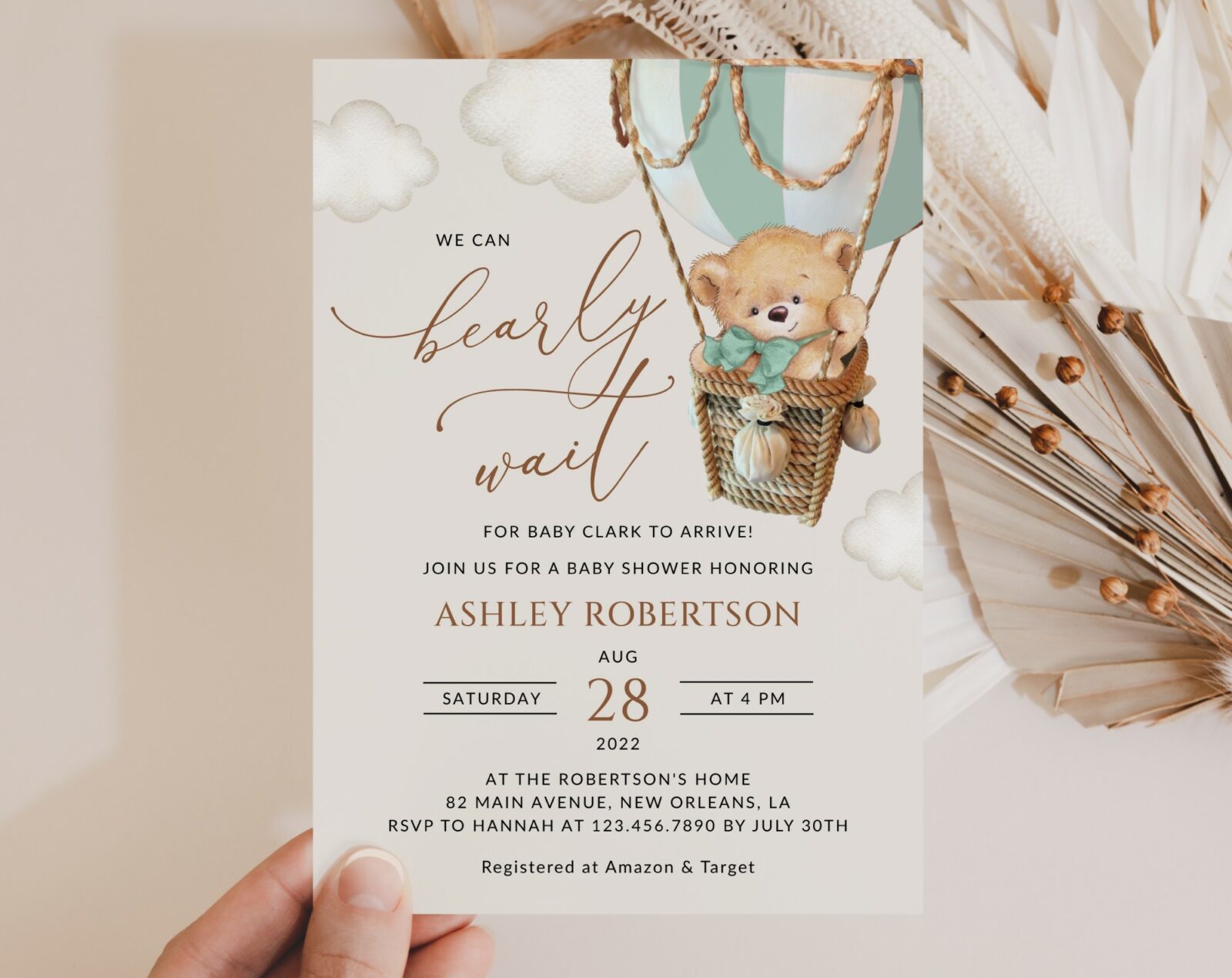 Bear in Green Balloon Baby Shower Invitation - Baby Stationery