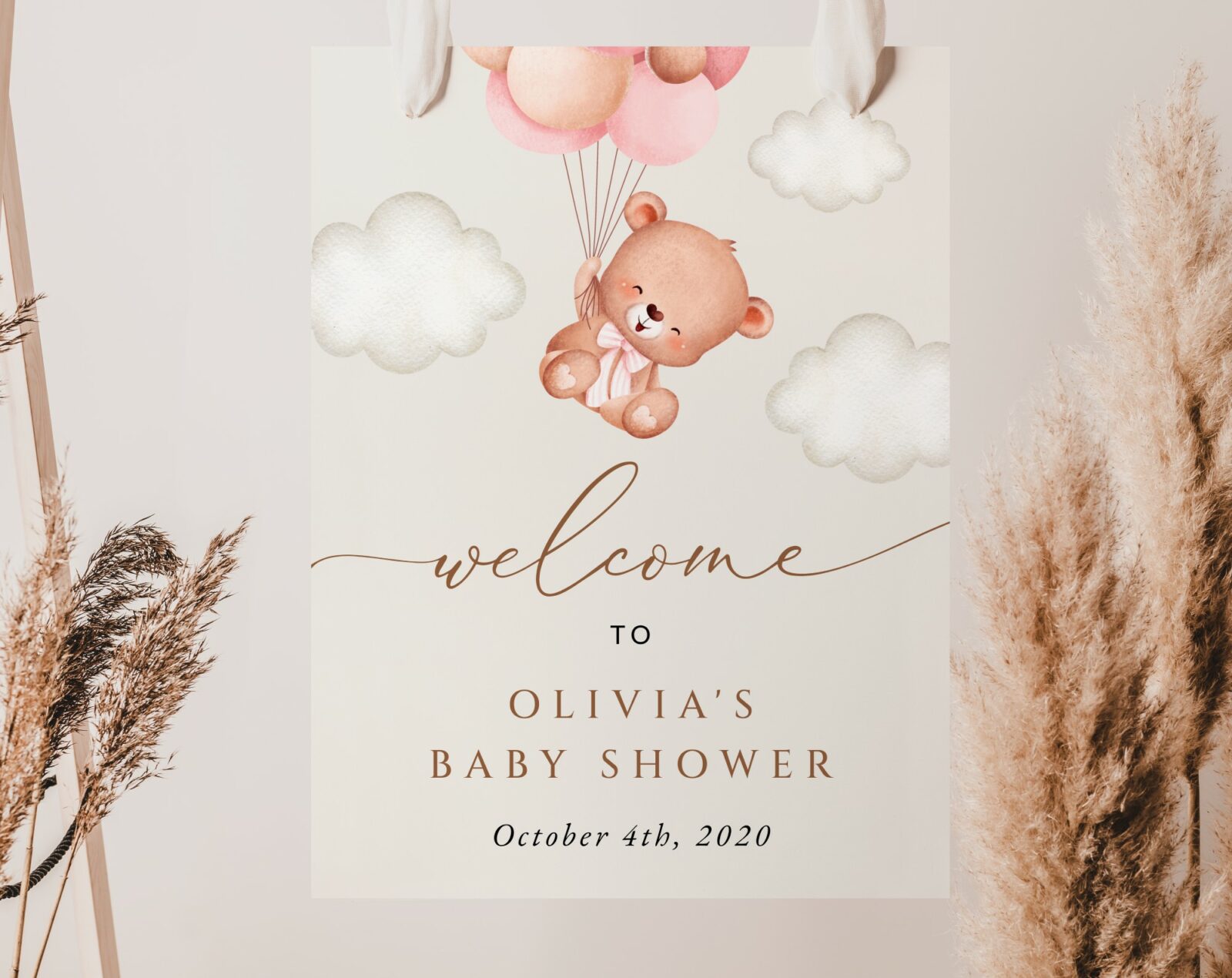 Baby Bear with Pink Balloons Welcome Sign - Baby Shower Sign