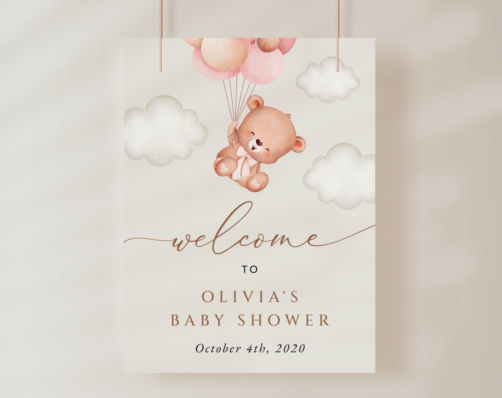 Baby Bear with Pink Balloons Welcome Sign - Baby Shower Sign