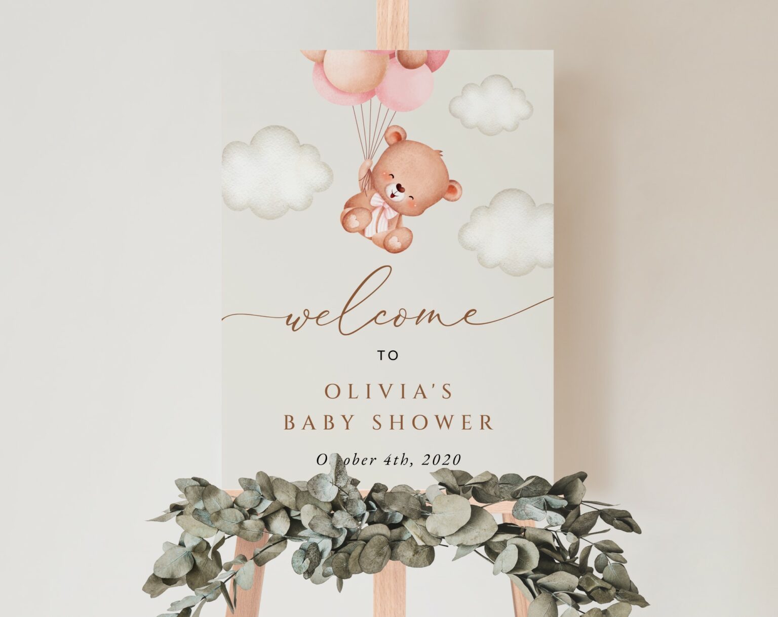 Baby Bear with Pink Balloons Welcome Sign - Baby Shower Sign