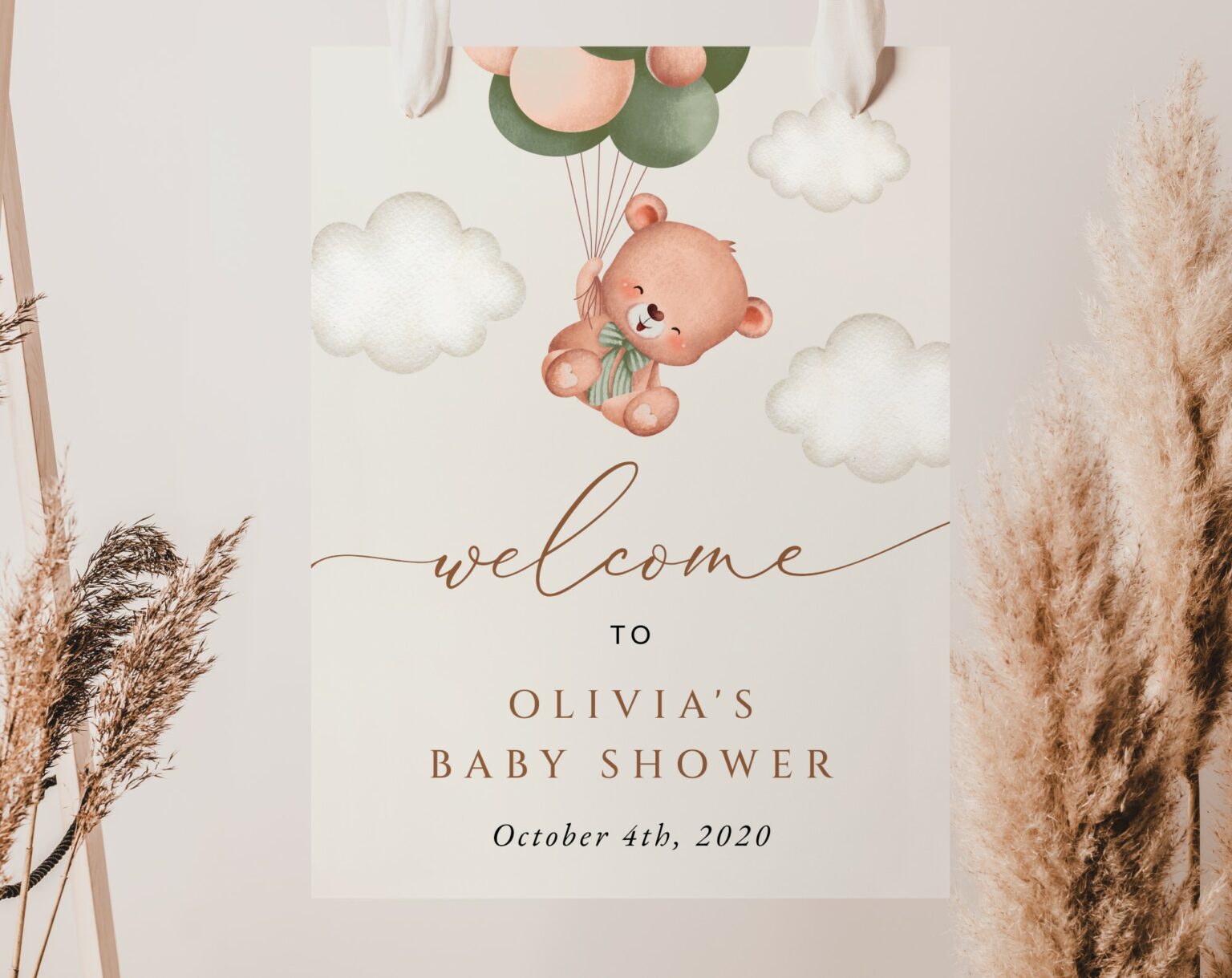 Baby Bear with Green Balloons Welcome Sign - Baby Shower Sign