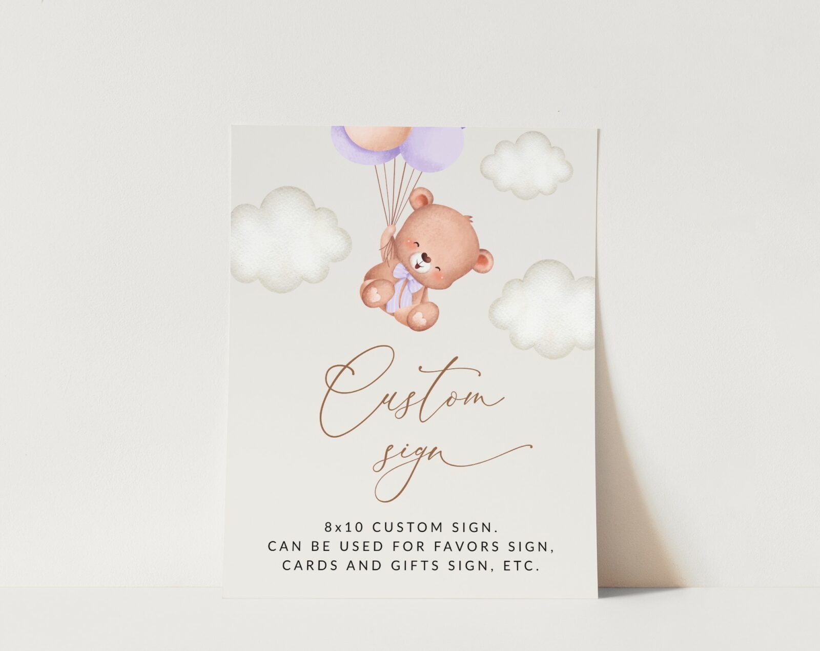 Baby Bear with Purple Balloons Welcome Sign - Baby Shower Sign