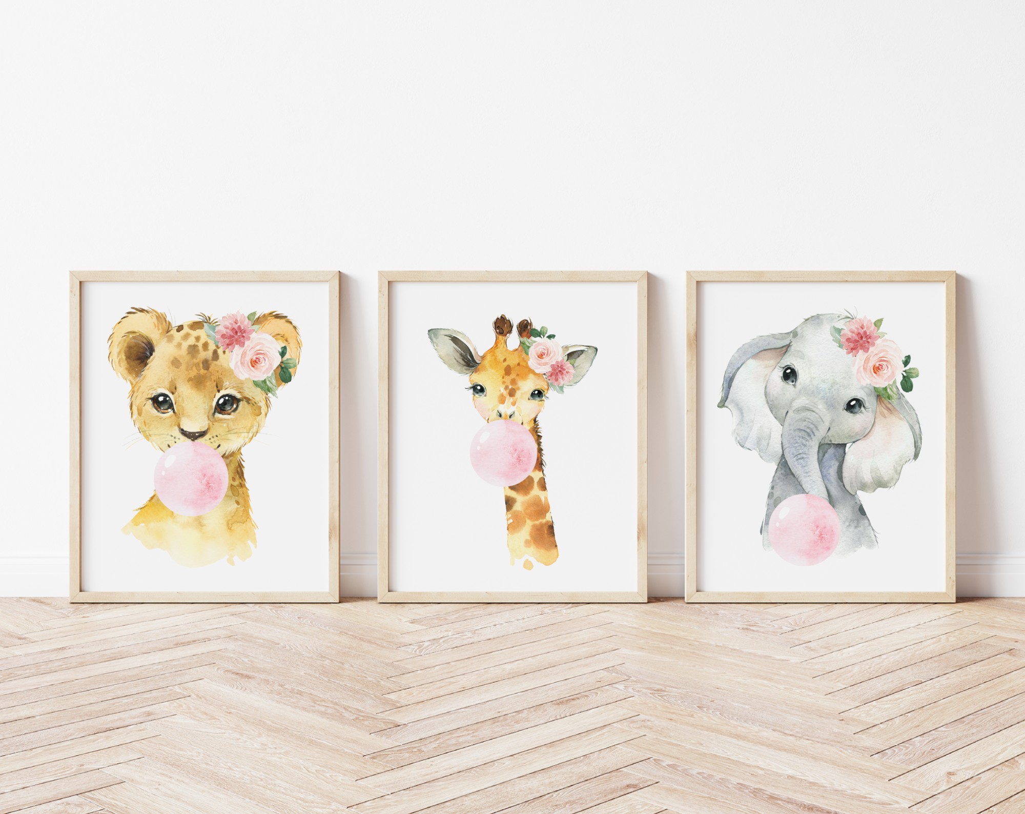 Pink Bubble Gum Jungle Animals Nursery Prints - Set of 3