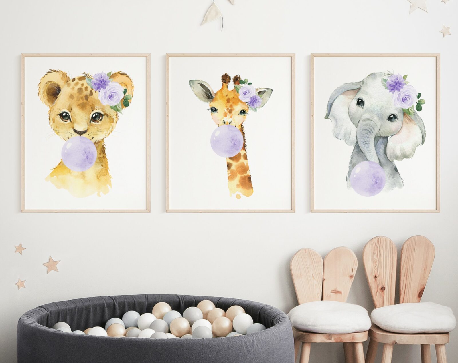 Purple Flowers Farm Animals Nursery Prints - Set of 4 - Wall Art