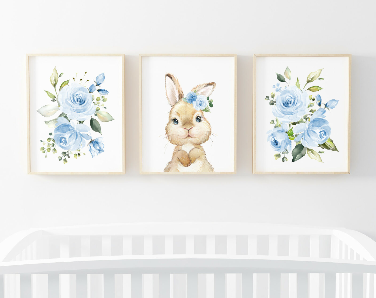 Cute Bunny Blue Flowers Nursery Wall Art - Set of 3