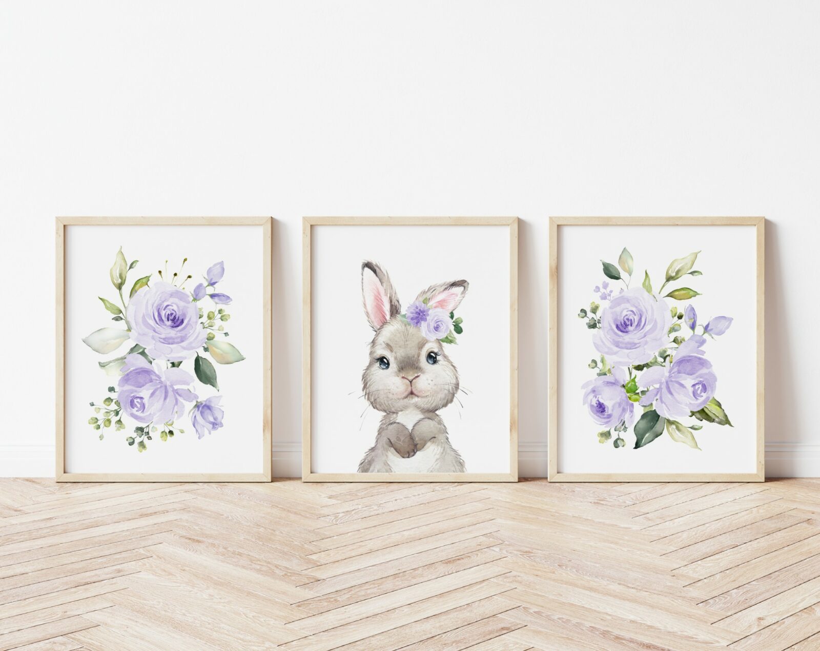 Cute Bunny Purple Flowers Nursery Prints - Set of 3 - Nursery Art