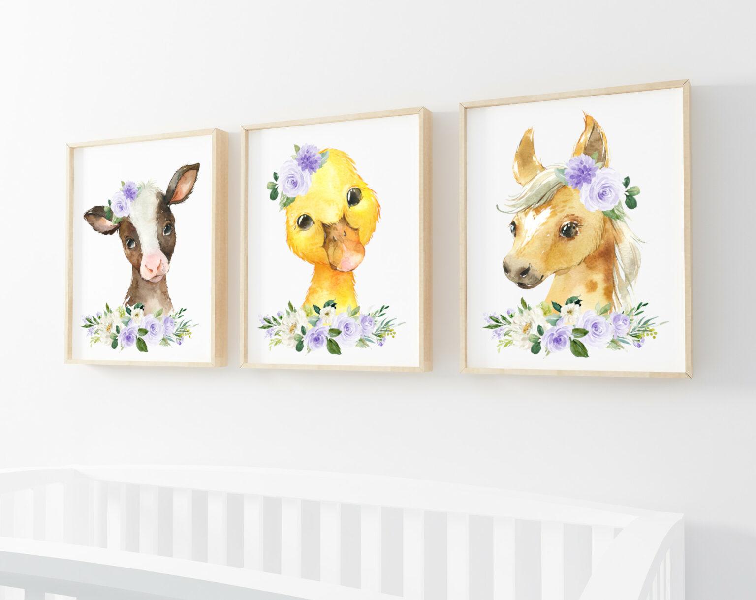 Purple Flowers Farm Animals Nursery Prints - Set of 3 - Wall Art