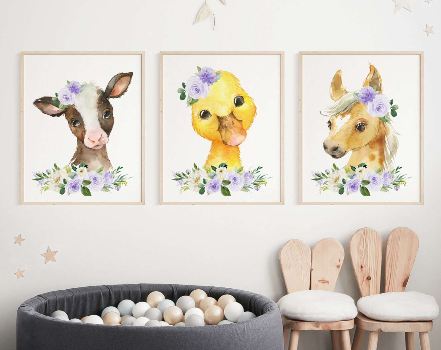 Purple Flowers Farm Animals Nursery Prints - Set of 3 - Wall Art
