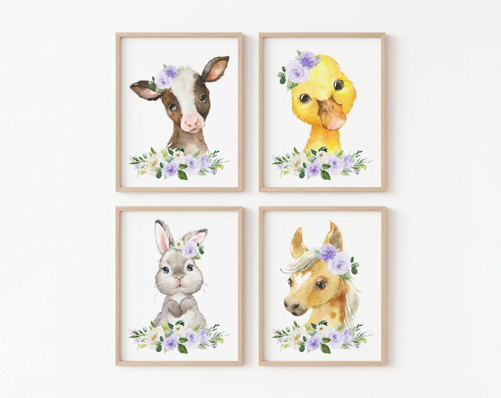 Purple Flowers Farm Animals Nursery Prints - Set of 4 - Wall Art