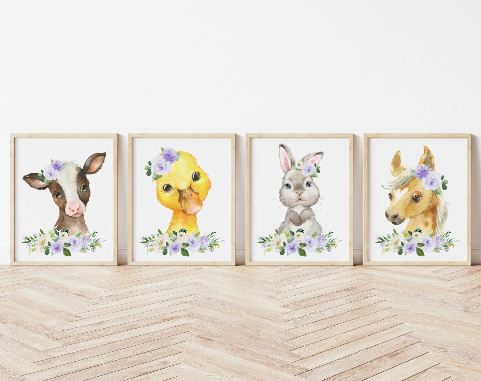 Purple Flowers Farm Animals Nursery Prints - Set of 4 - Wall Art
