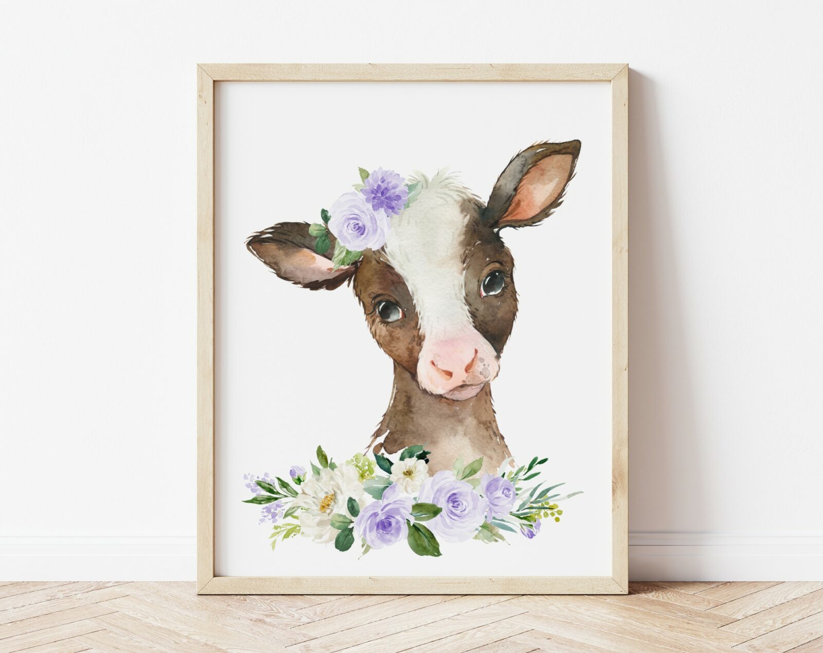Purple Flowers Farm Animals Nursery Prints - Set of 3 - Wall Art