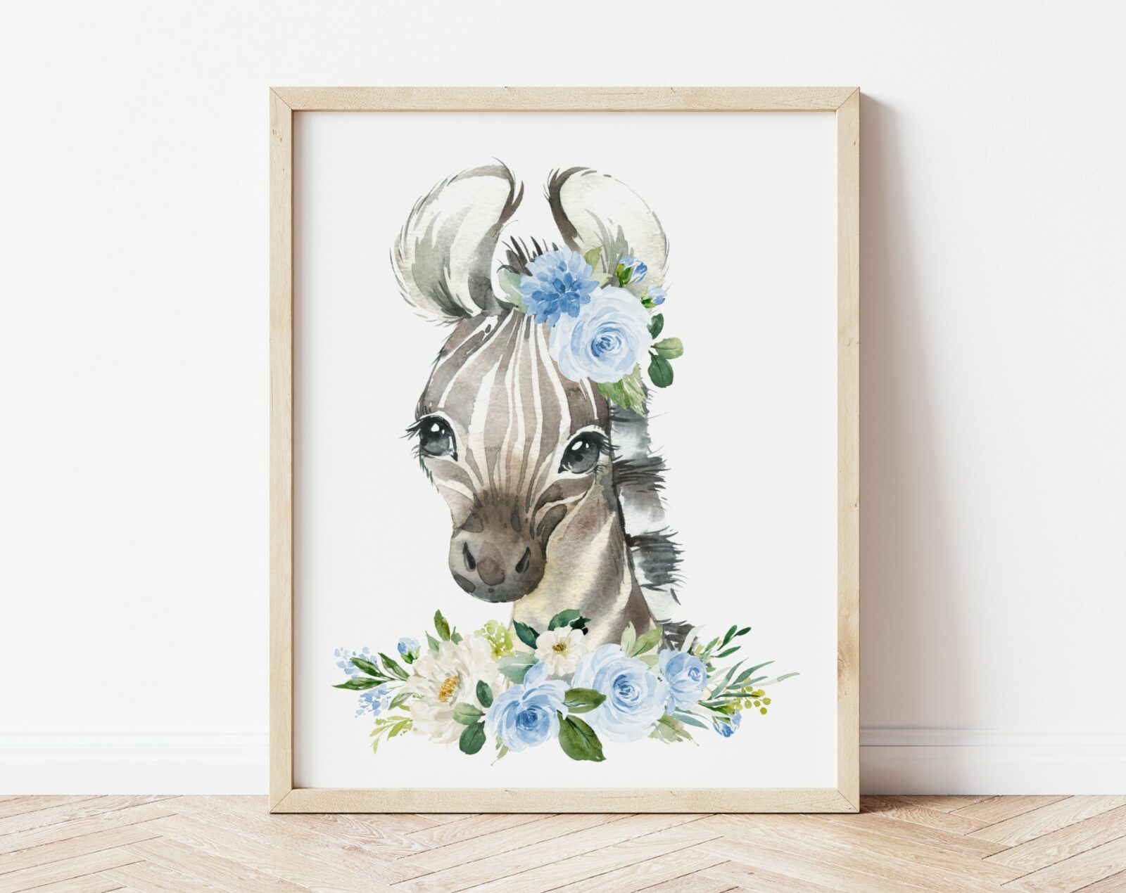 Blue Flowers Jungle Animals Nursery Prints - Set of 4 - Nursery Art