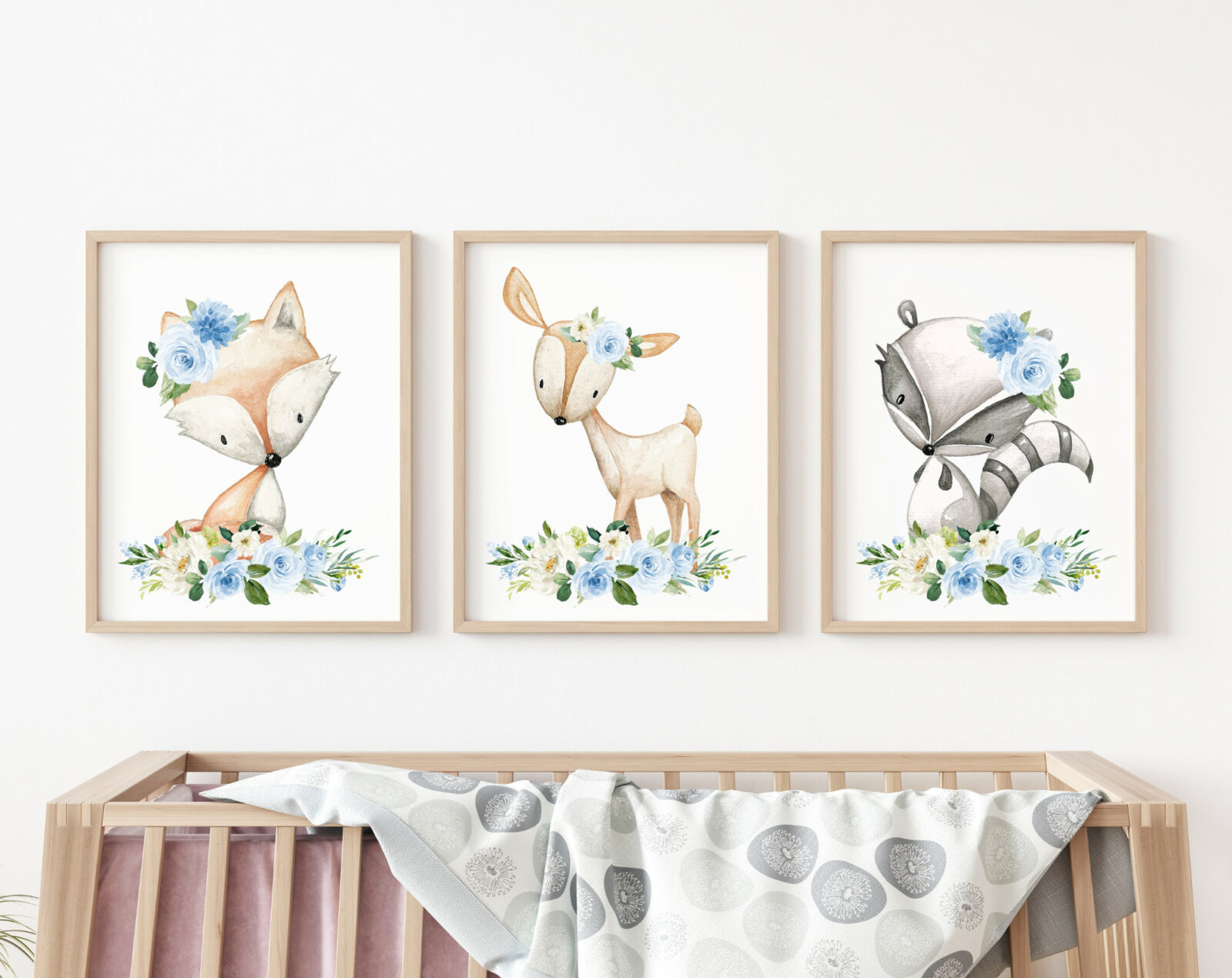 Blue Flowers Boho Woodland Animals Nursery Wall Art - Set of 3