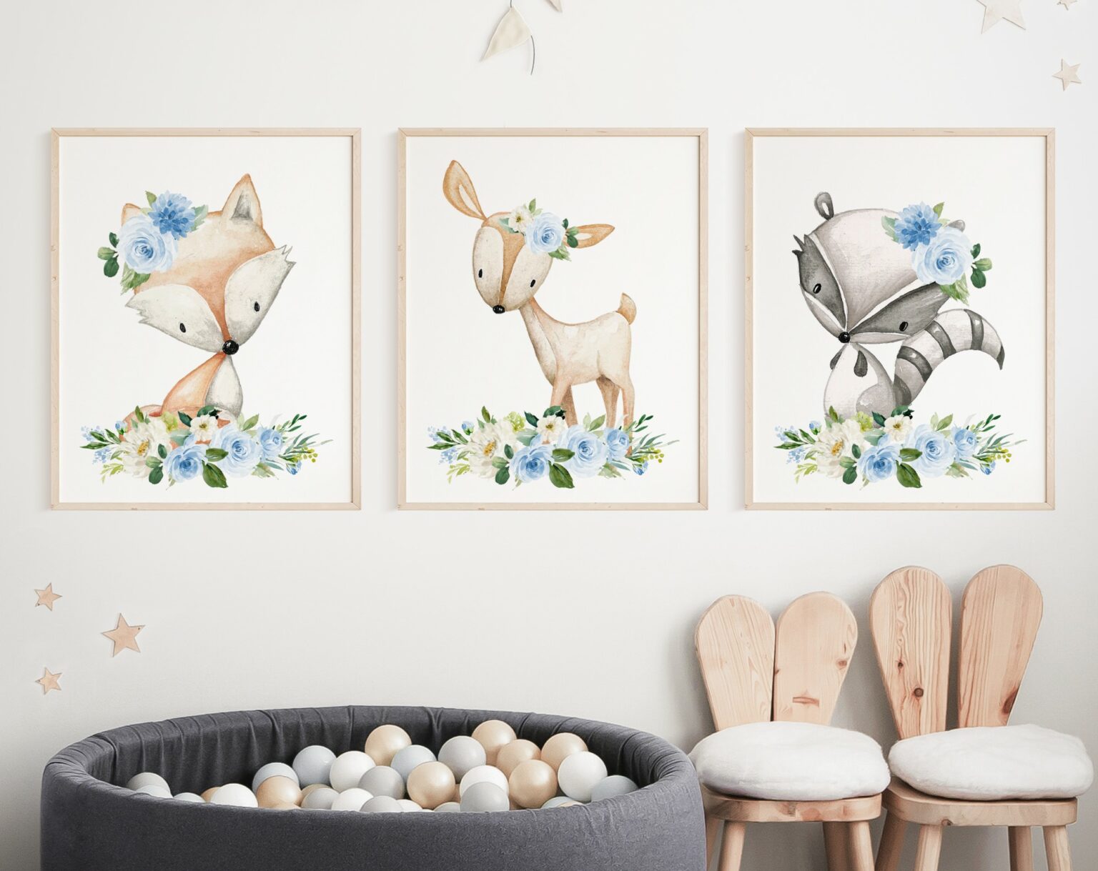 Blue Flowers Boho Woodland Animals Nursery Wall Art - Set of 3