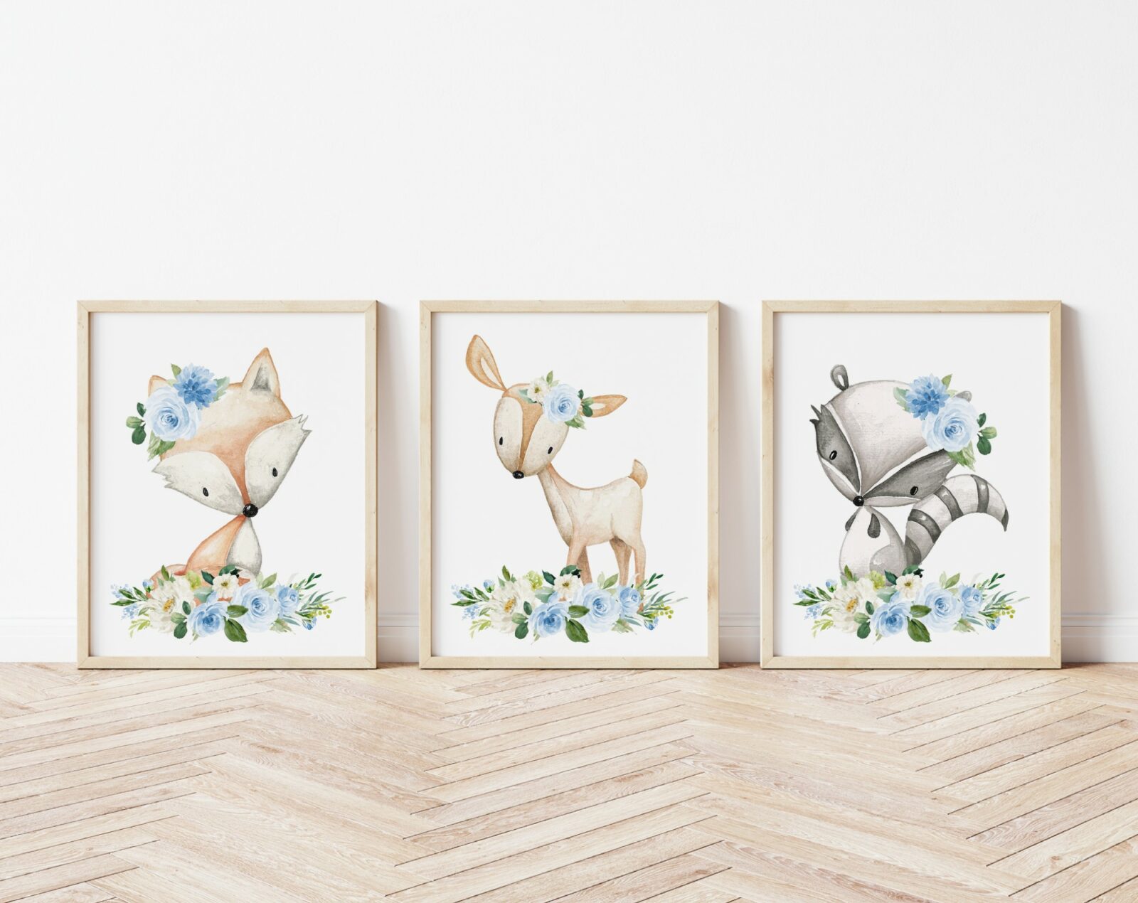 Blue Flowers Boho Woodland Animals Nursery Wall Art - Set of 3