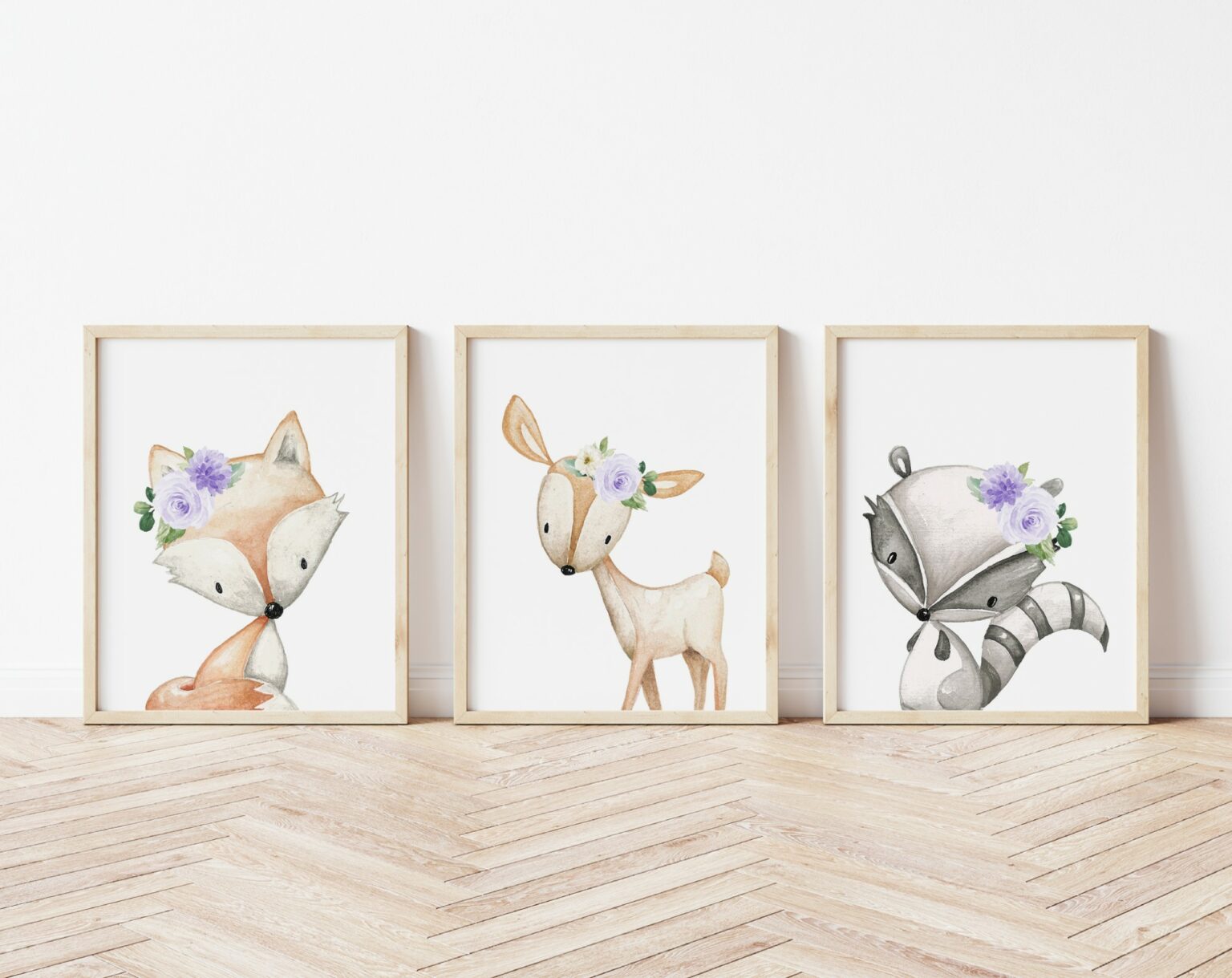 Purple Flowers Boho Woodland Animals Nursery Prints - Set of 3