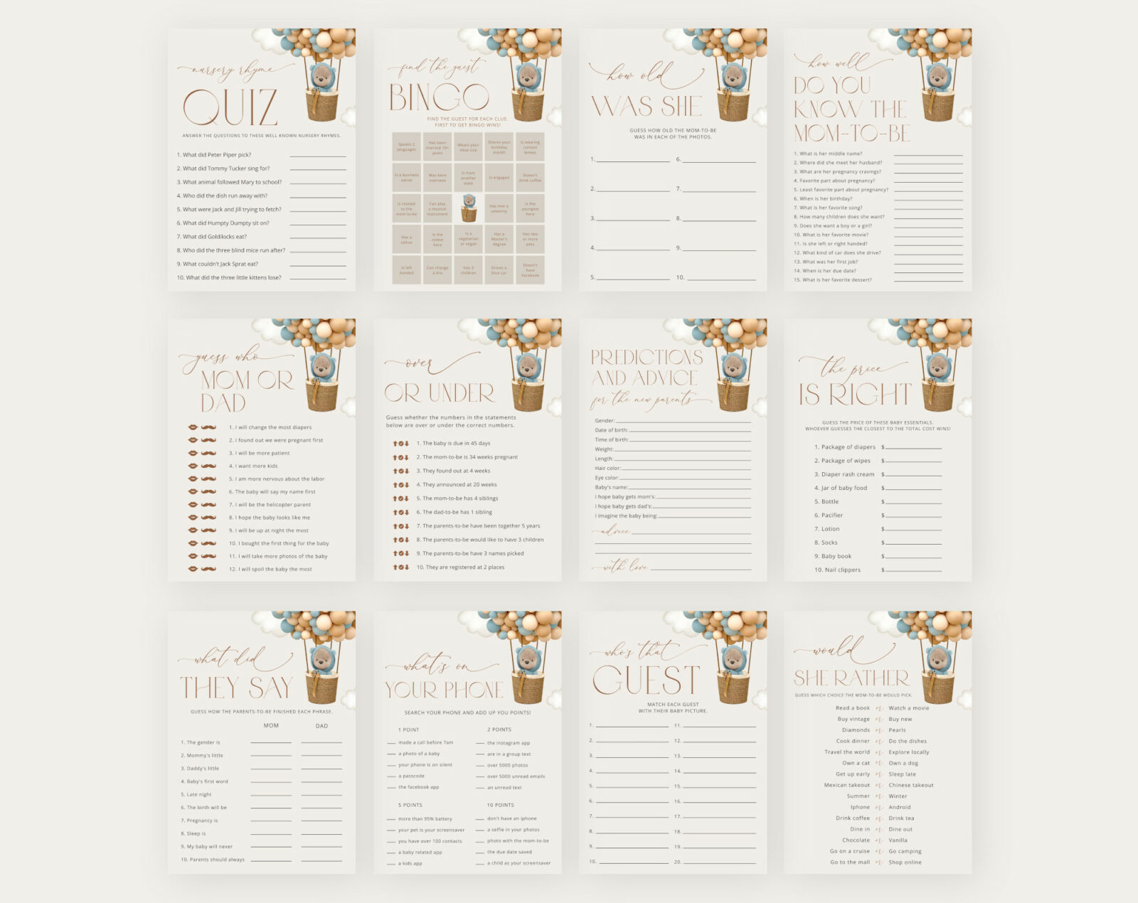 Bear and Blue Balloons Baby Shower Bundle - Set of 35 Games