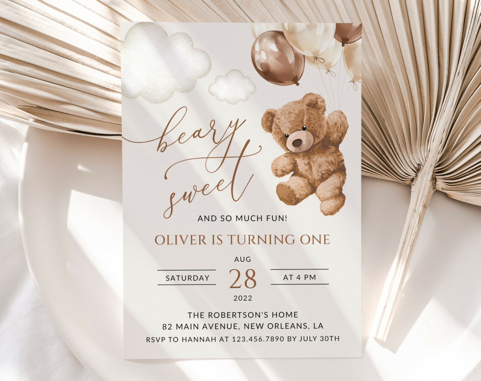 Teddy Bear with Brown Balloons First Birthday Invitation