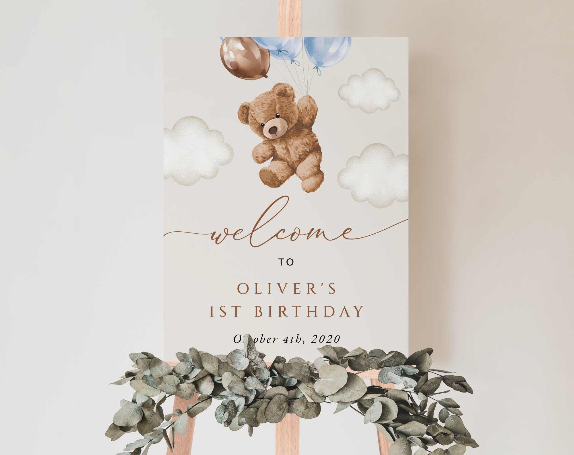 Teddy Bear with Blue Balloons Welcome Sign - Birthday Sign