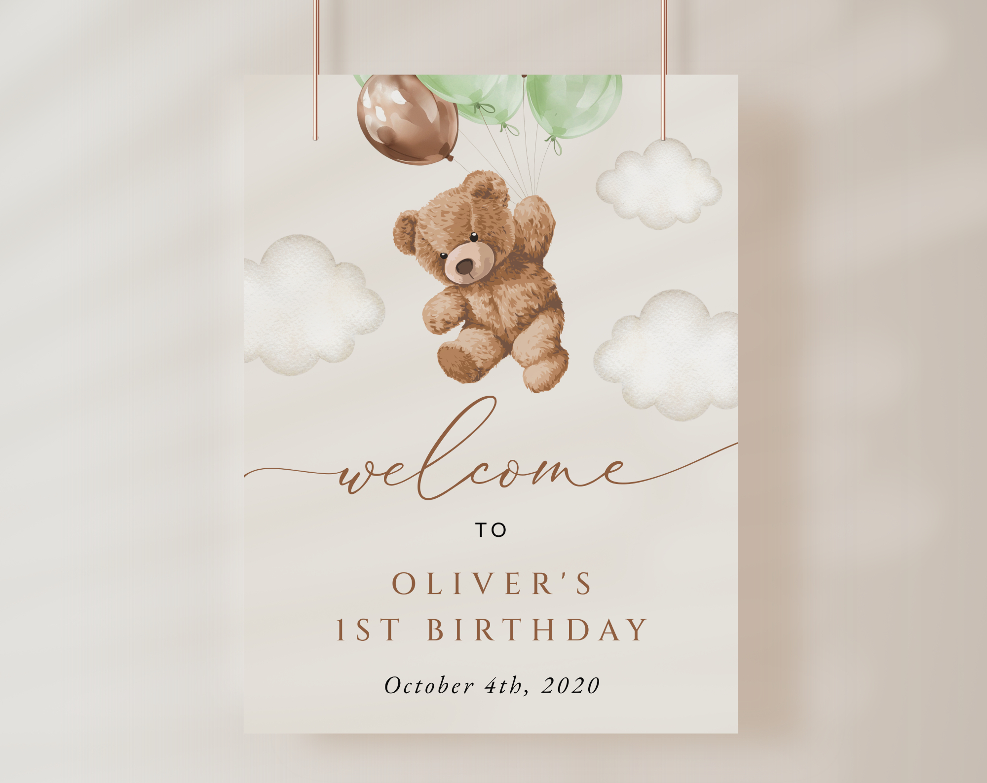 Teddy Bear with Green Balloons Welcome Sign - Birthday Sign