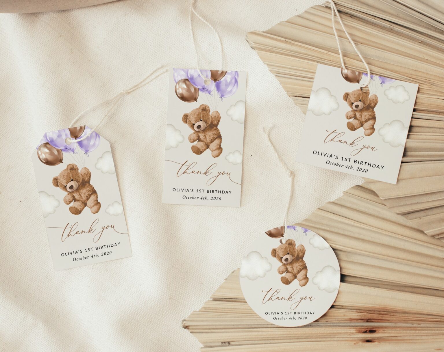 Teddy Bear with Purple Balloons Favor Tags - First Birthday