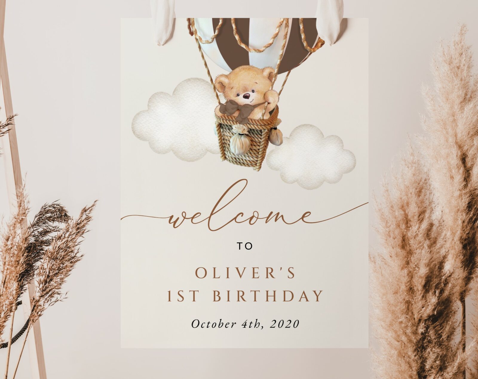 Bear in Brown Balloon Welcome Sign - First Birthday Sign