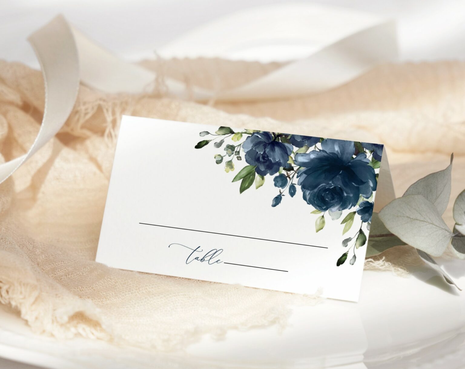 Navy Blue Flowers Place Card - Escort Card - Wedding Stationery