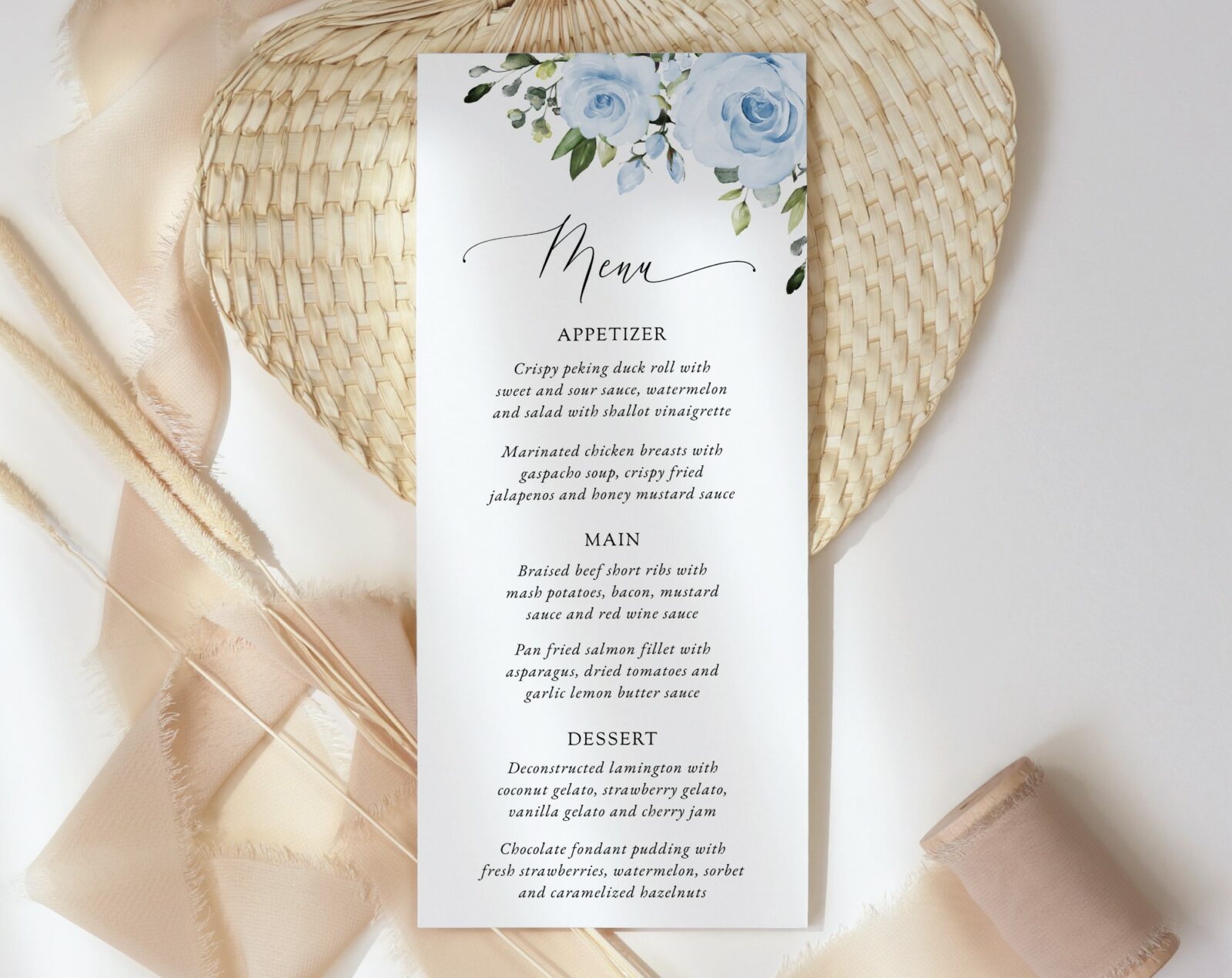 Dusty Blue Flowers Wedding Menu - Wedding Stationery