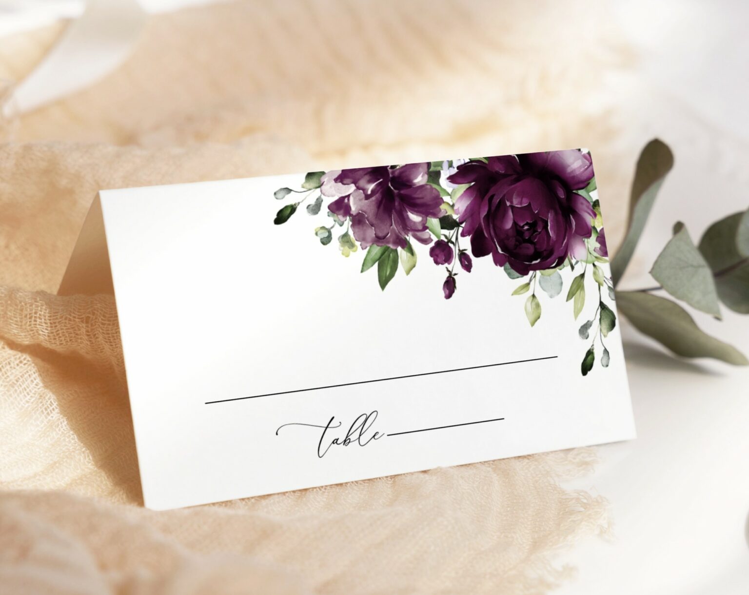 Plum Purple Flowers Place Card - Wedding Stationery
