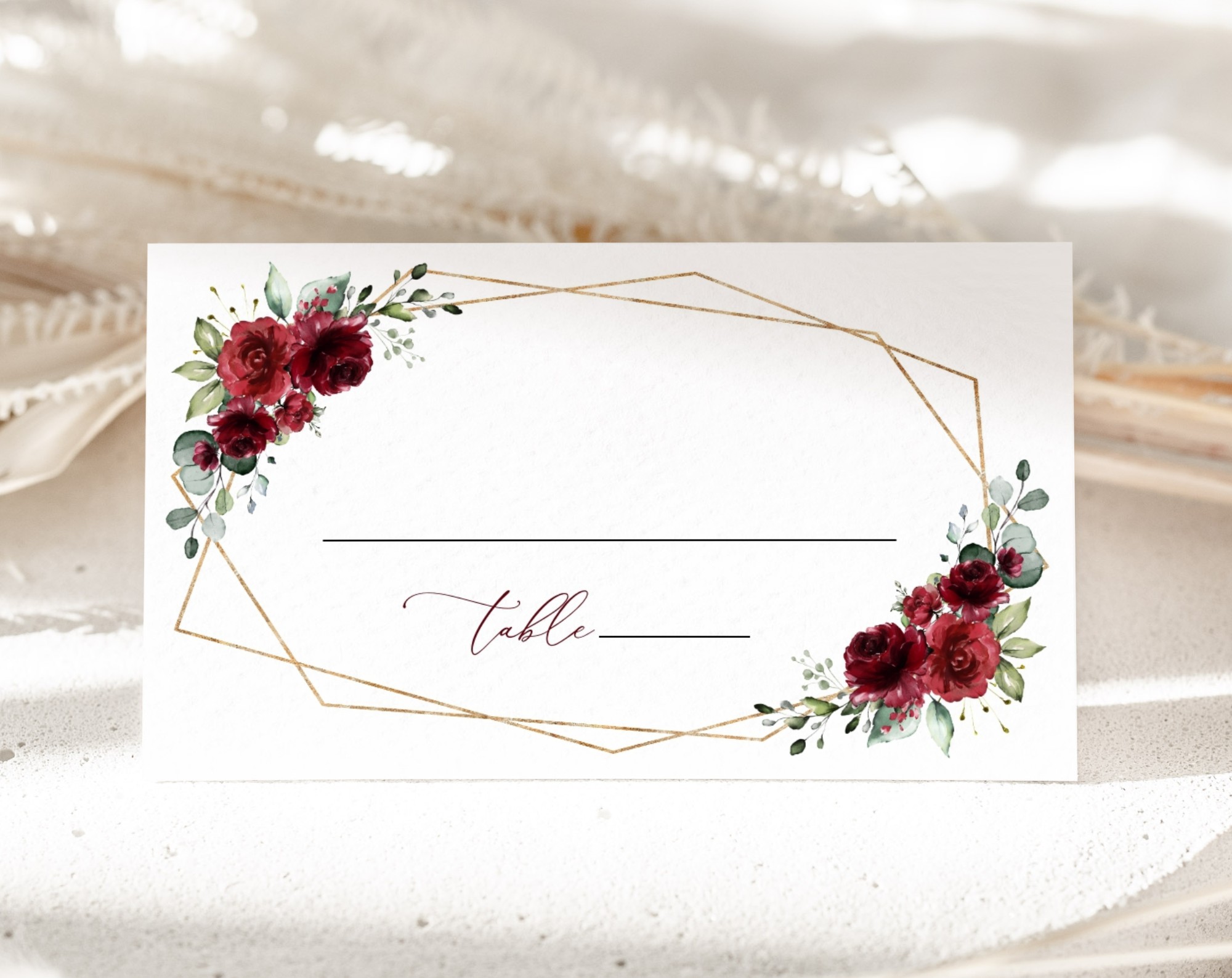 Burgundy Red Flowers Place Card - Wedding Stationery