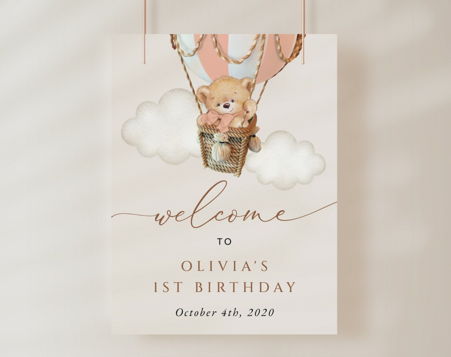 Bear in Pink Balloon Welcome Sign - First Birthday Sign