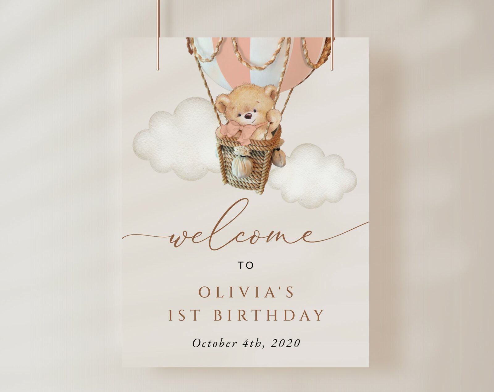 Bear in Pink Balloon Welcome Sign - First Birthday Sign