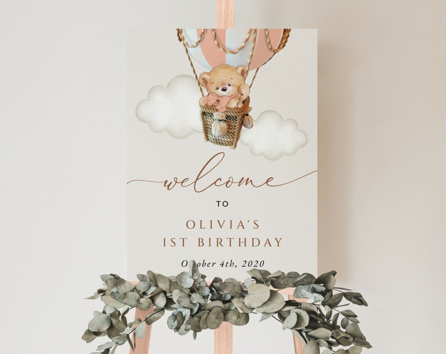 Bear in Pink Balloon Welcome Sign - First Birthday Sign