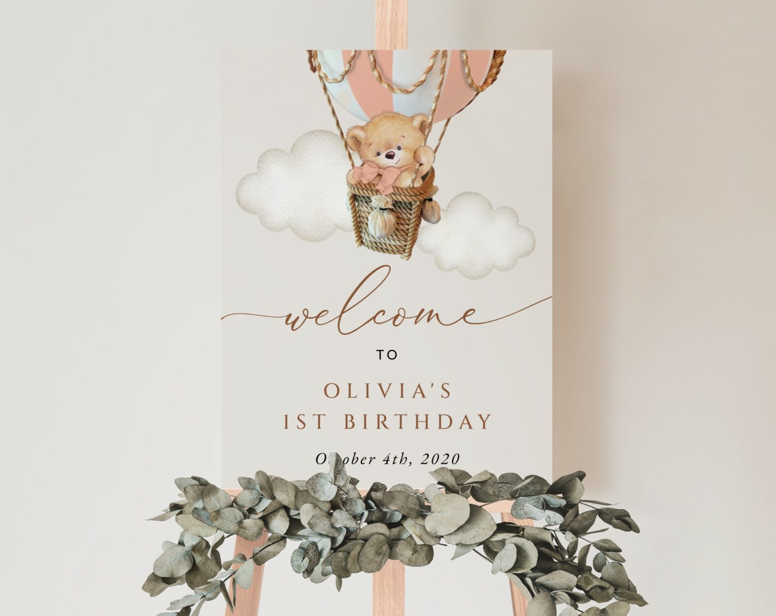 Bear in Pink Balloon Welcome Sign - First Birthday Sign