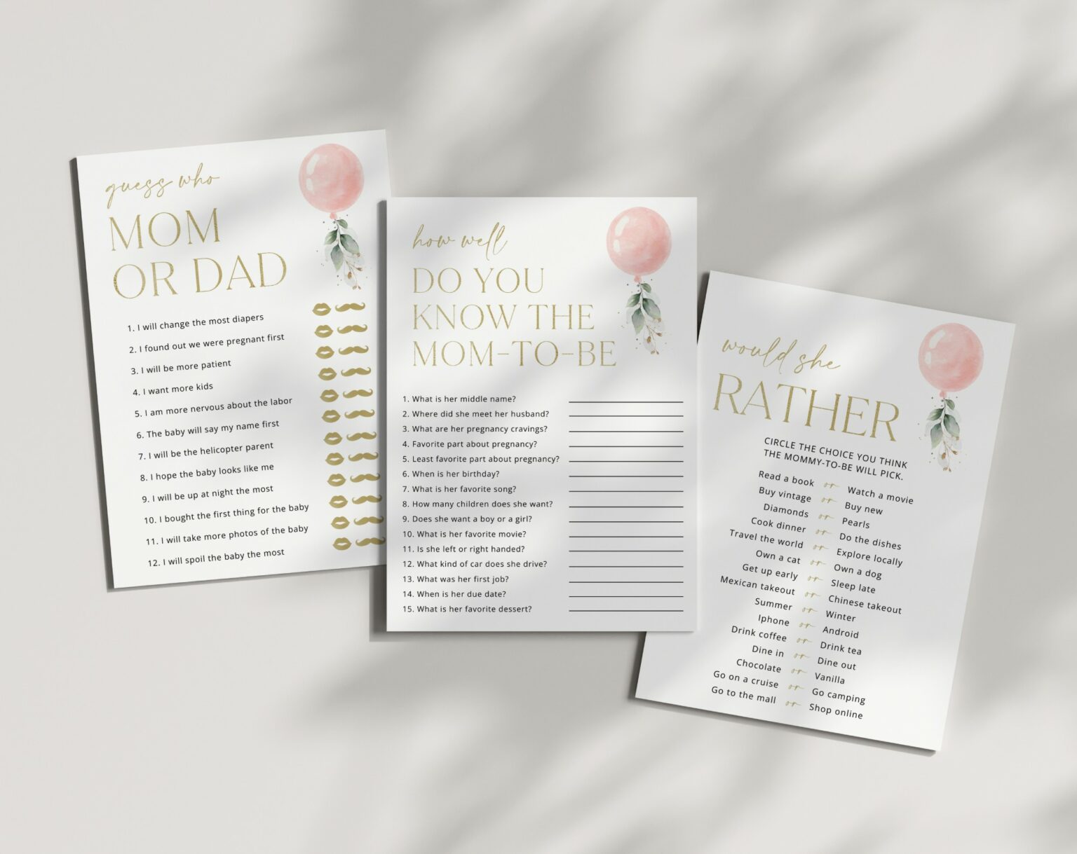 Pink Balloon Baby Shower Games - Set of 3 Games