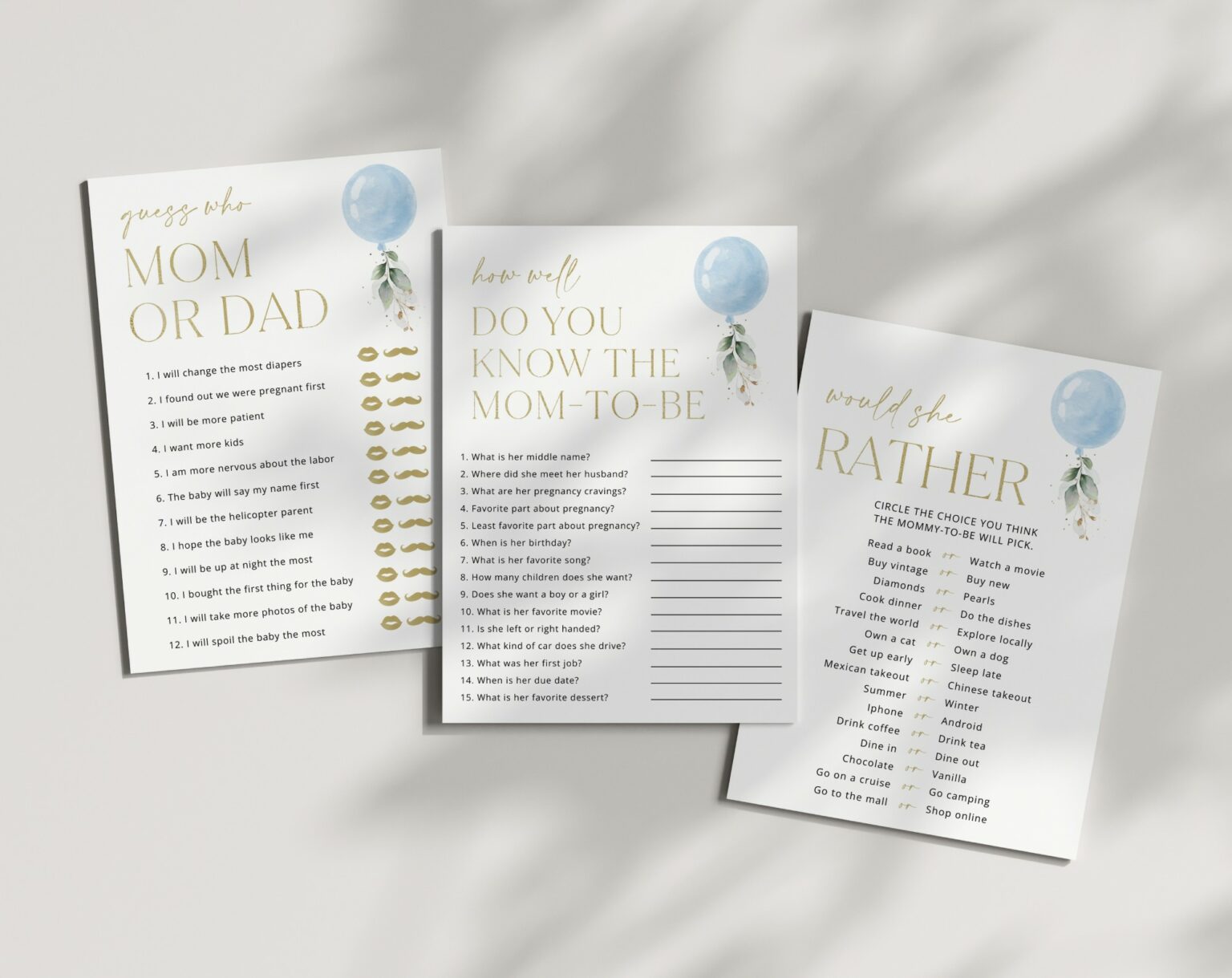 Blue Balloon Baby Shower Games - Set of 3 Games