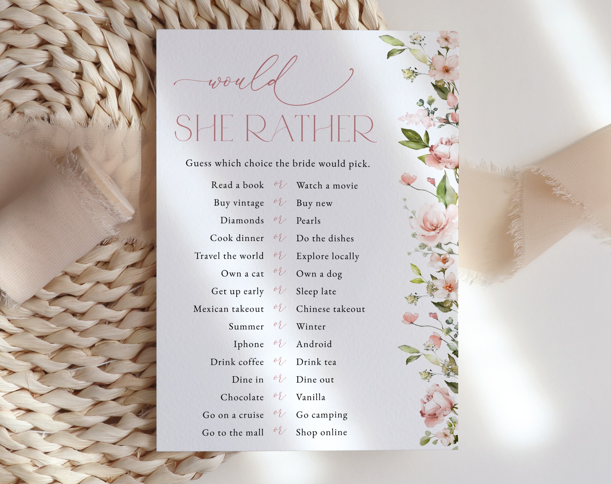 Pink Flowers Bridal Shower Games - Set of 3 Games