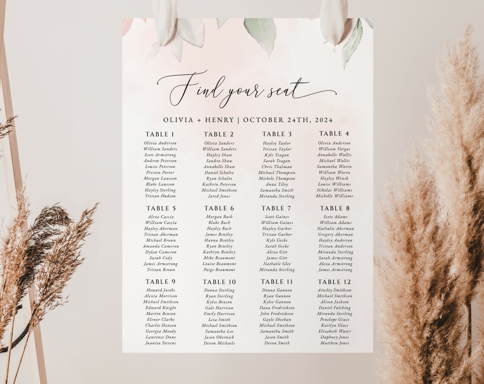 Blush Pink Flowers Seating Chart - Find Your Seat - Wedding Sign