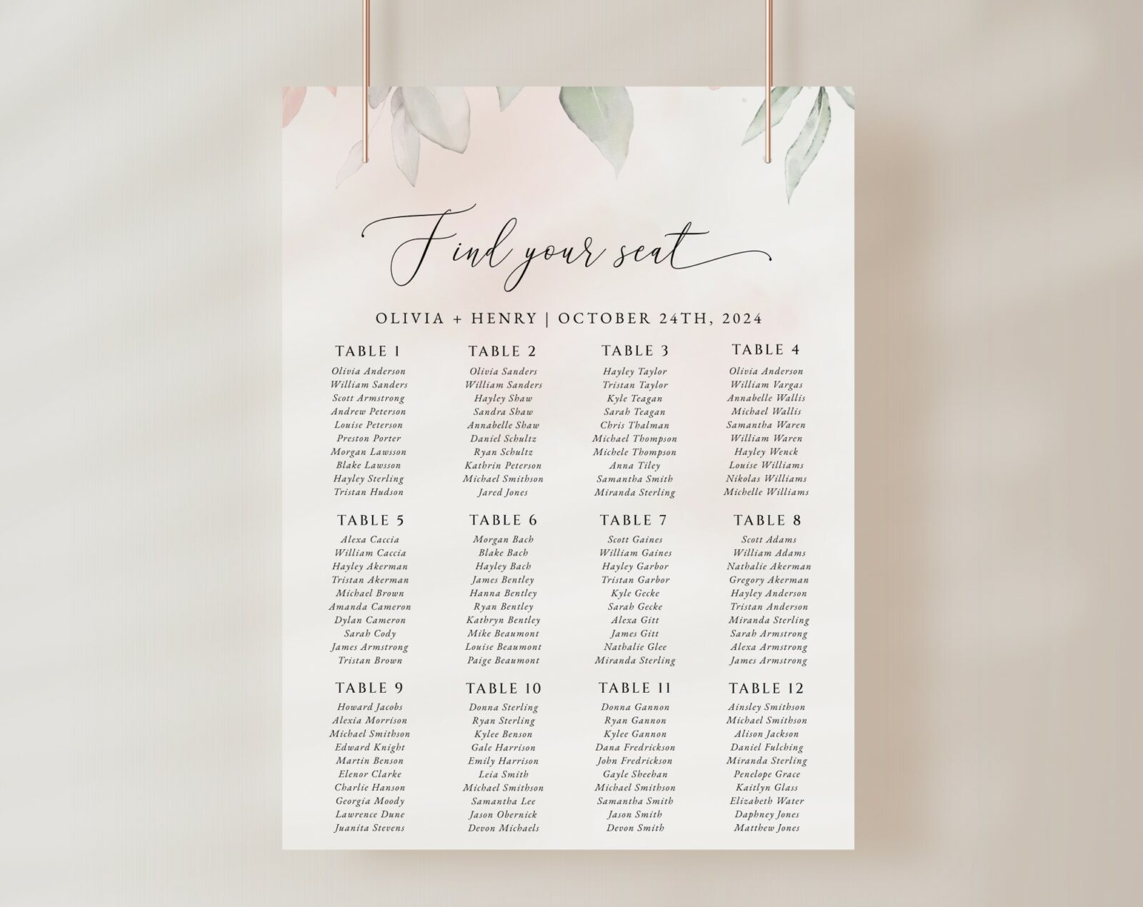Blush Pink Flowers Seating Chart - Find Your Seat - Wedding Sign