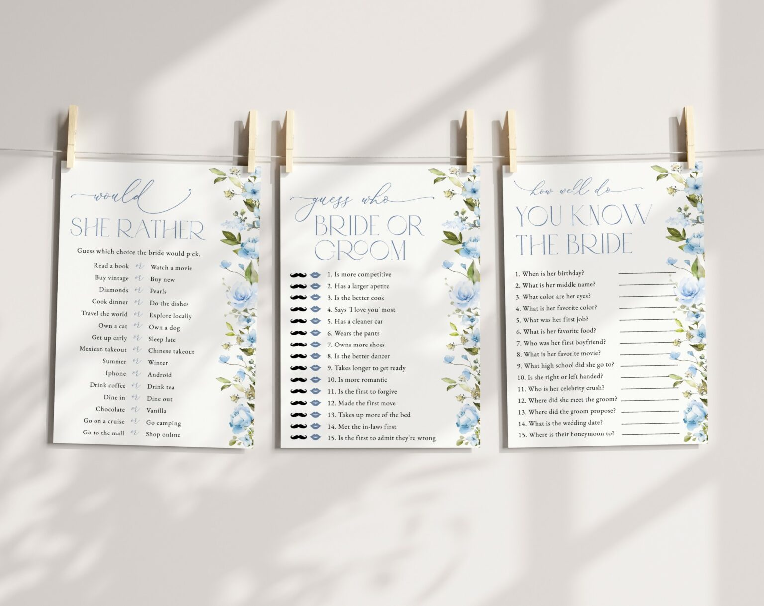 Blue Flowers Bridal Shower Games Bundle - Set of 3 Games