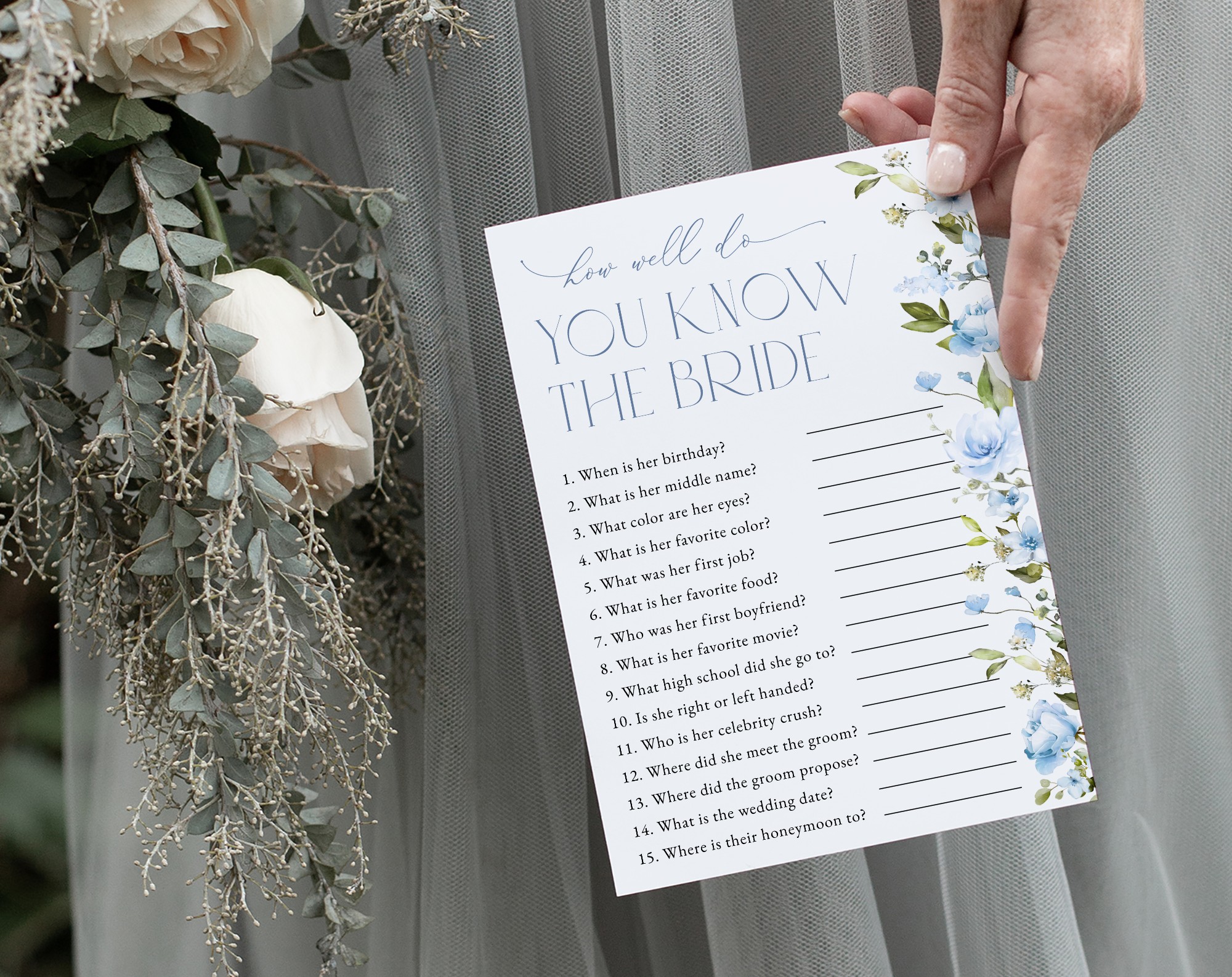 Blue Flowers Bridal Shower Games Bundle - Set of 3 Games