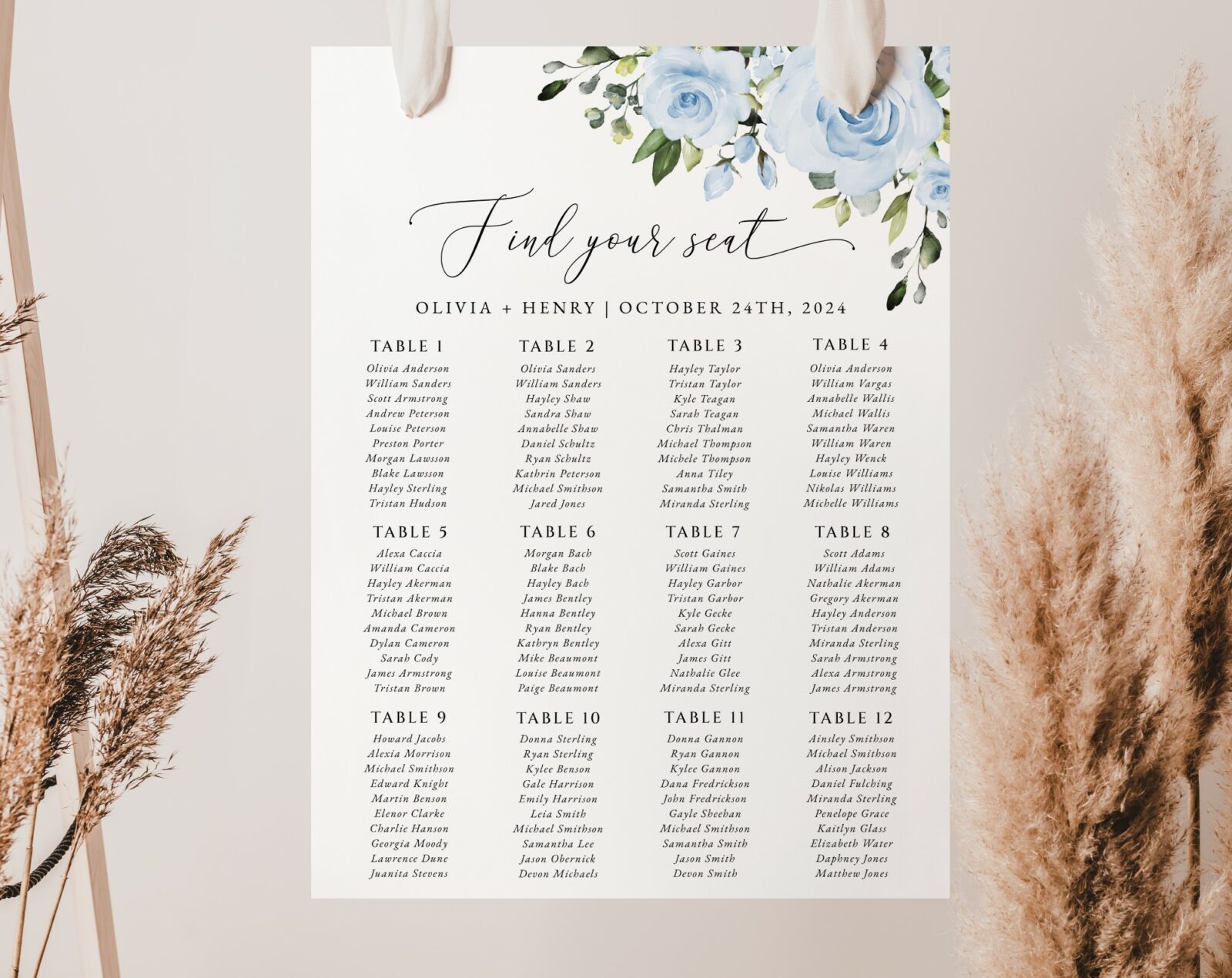 Dusty Blue Flowers Seating Chart - Find Your Seat - Wedding Sign