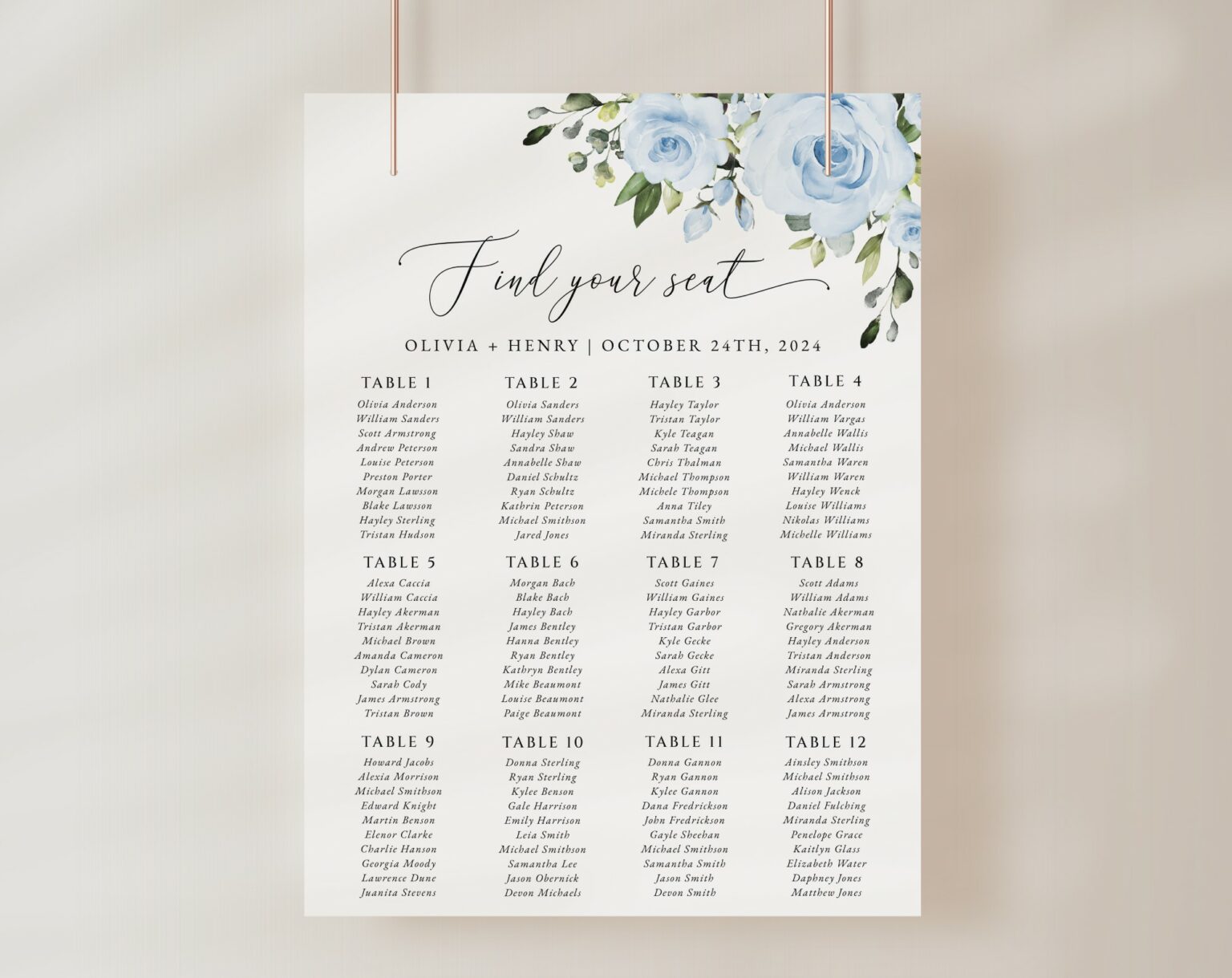 Dusty Blue Flowers Seating Chart - Find Your Seat - Wedding Sign