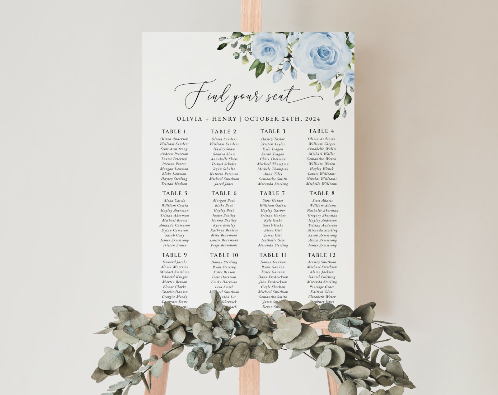 Dusty Blue Flowers Seating Chart - Find Your Seat - Wedding Sign