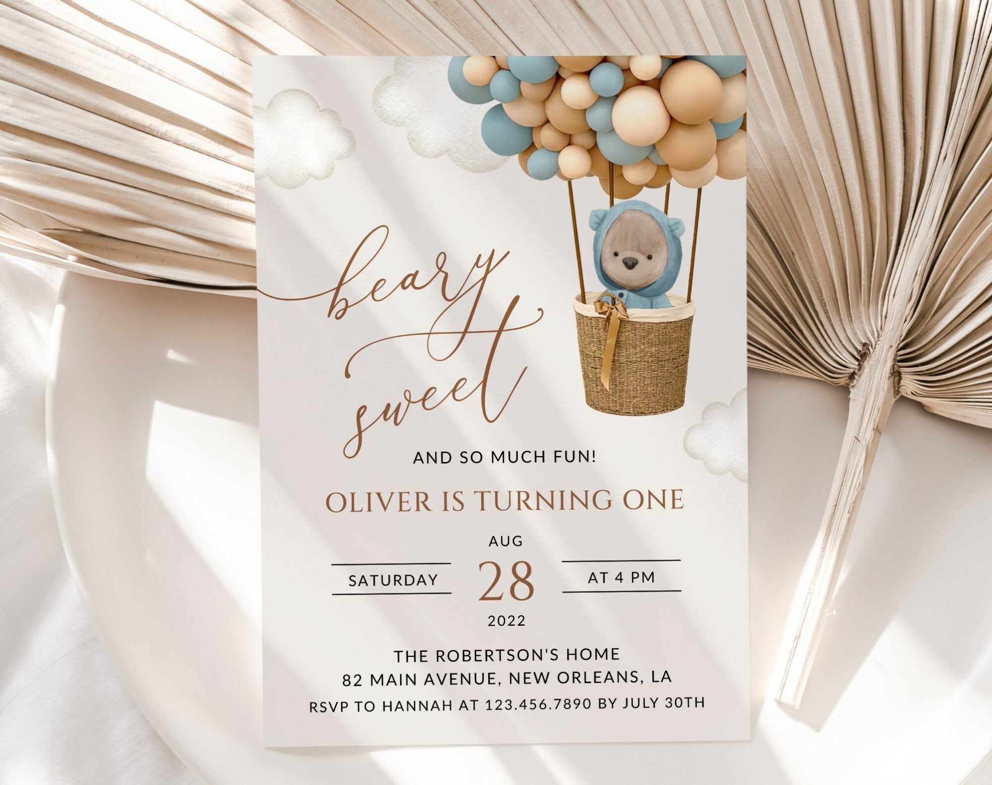 Bear and Blue Balloons First Birthday Invitation - Boy Birthday