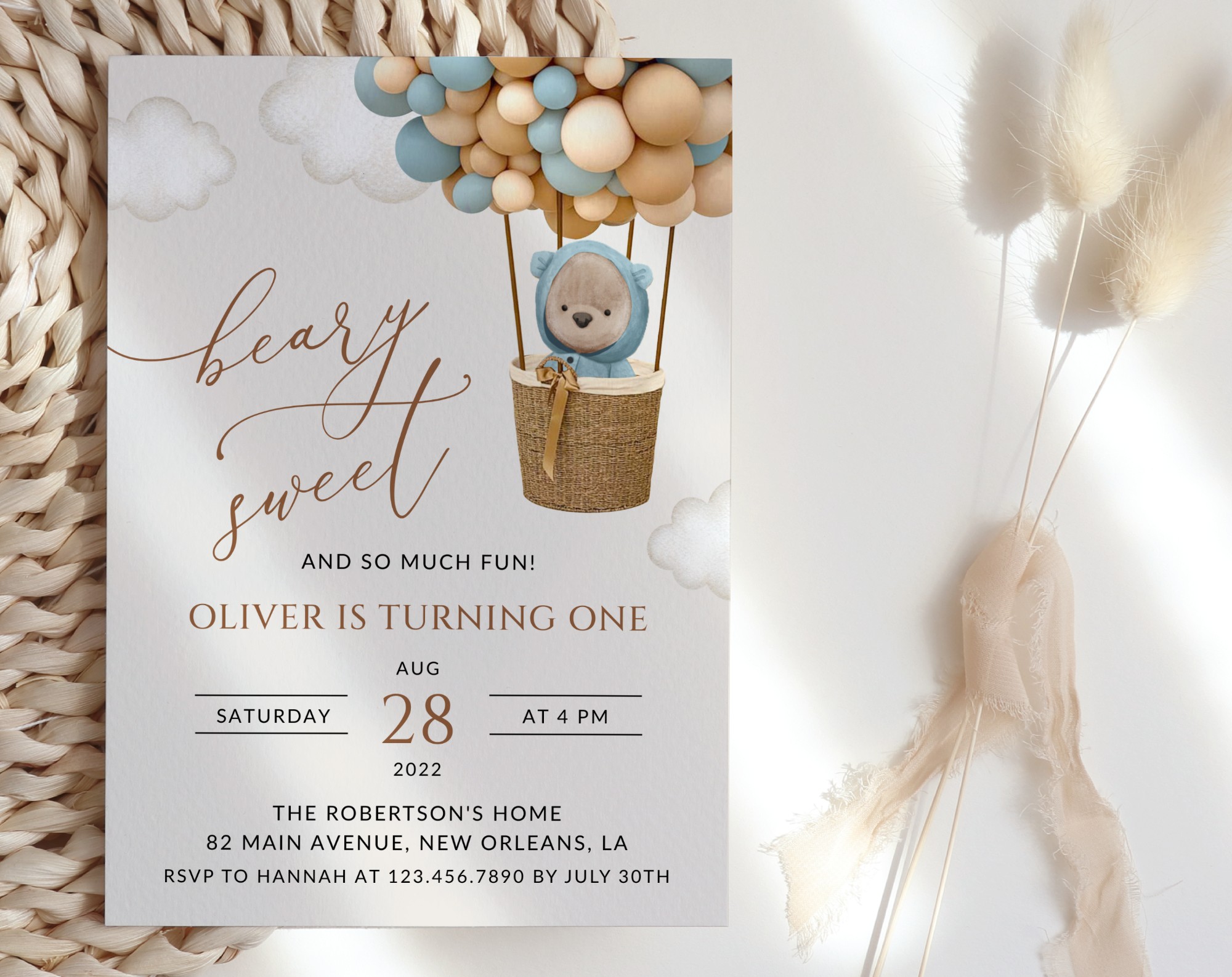 Bear and Blue Balloons First Birthday Invitation - Boy Birthday